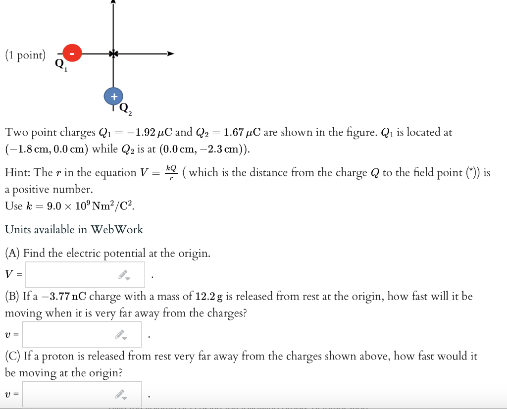Solved (1 point) Two point charges Q1 = -1.92 uC and Q2 1.67 | Chegg.com