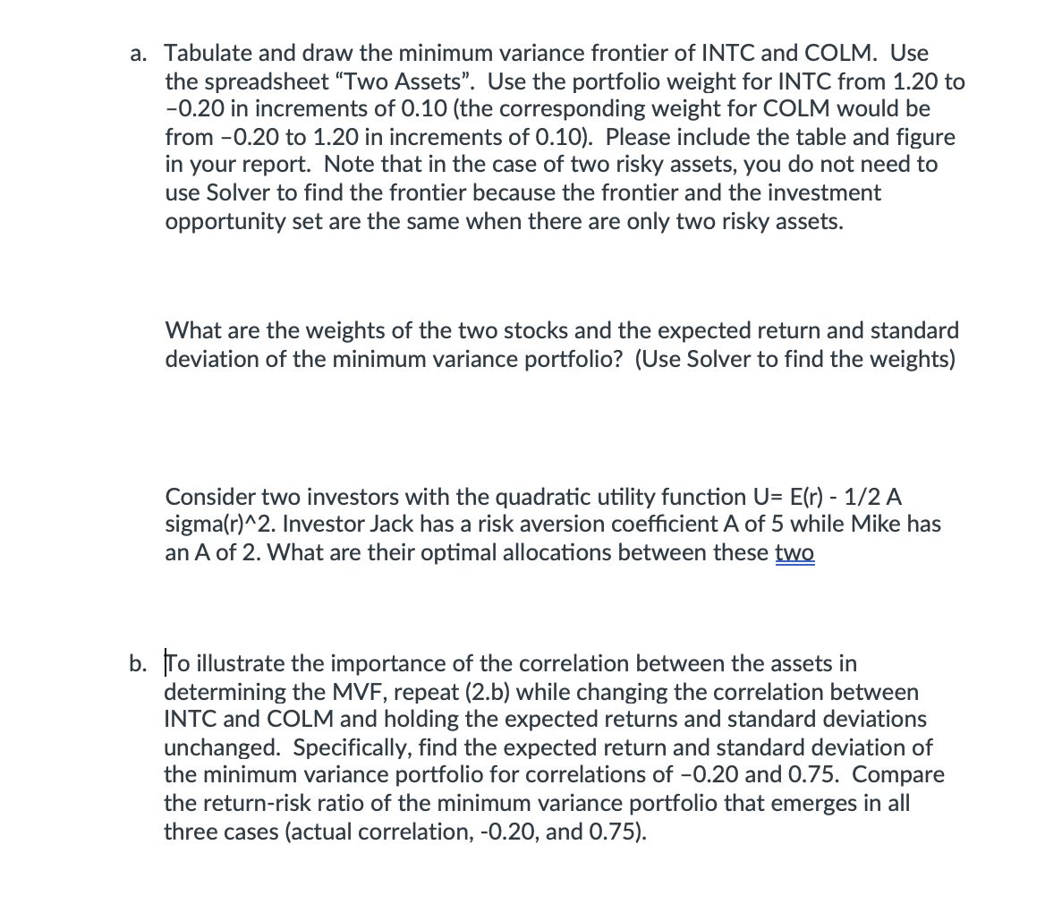 Tabulate and draw the minimum variance frontier of | Chegg.com