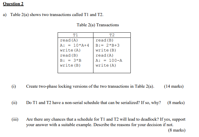 a) Table 2(a) shows two transactions called T1 and | Chegg.com
