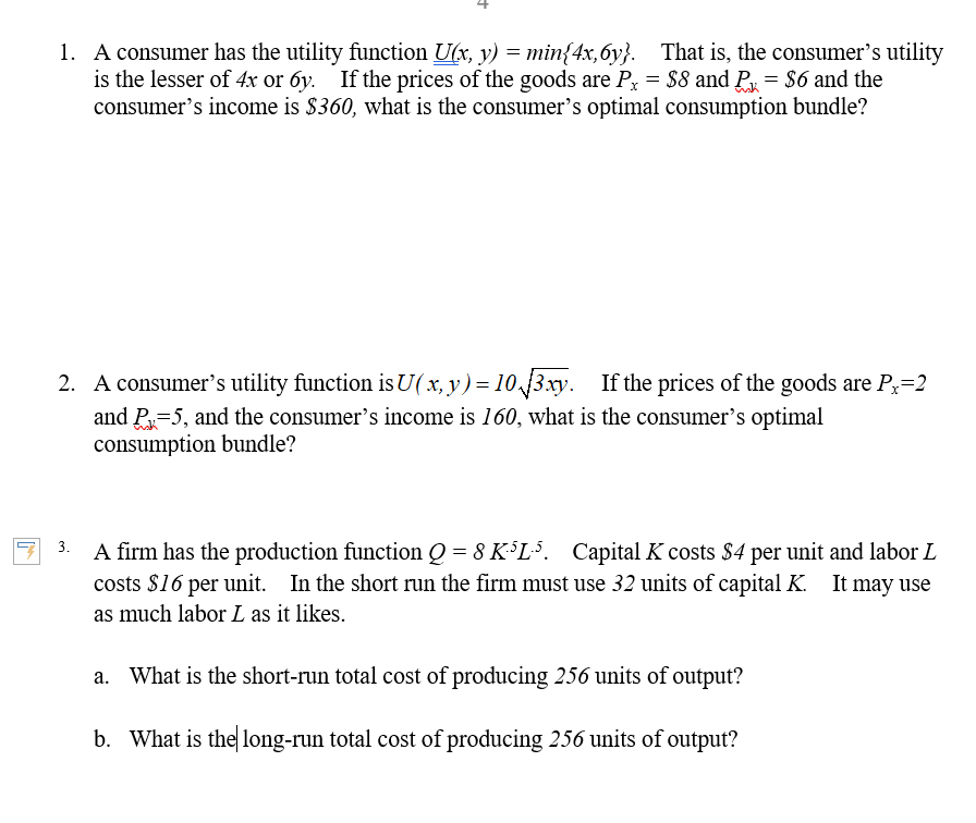 Solved + 1. A consumer has the utility function U(x, y) = | Chegg.com