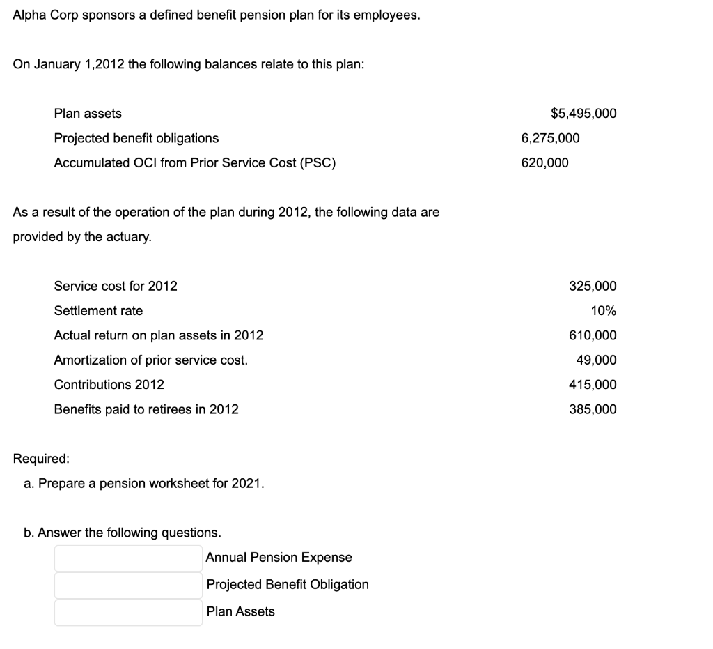 Alpha Corp sponsors a defined benefit pension plan | Chegg.com