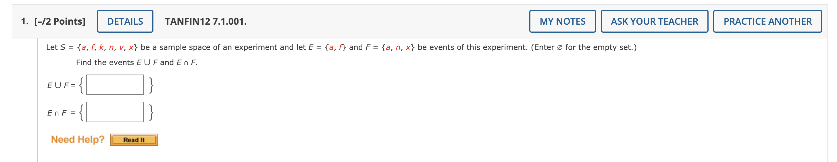 Solved Let S={a,f,k,n,v,x} be a sample space of an | Chegg.com