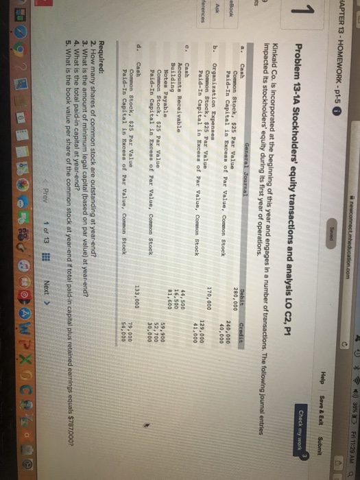 Solved APTER 13-HOMEWORK -p1-5 6 Check my work Problem 13-1A | Chegg.com
