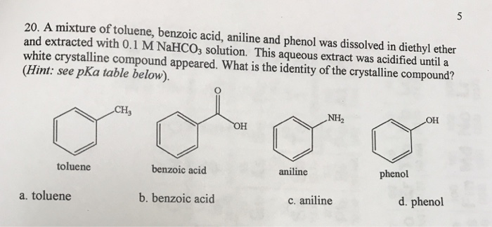 Solved 20. A mixture of toluene, benzoic acid, aniline and | Chegg.com