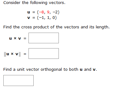 Solved Consider the following vectors. u=(−8,9,−2)v=(−1,1,0) | Chegg.com