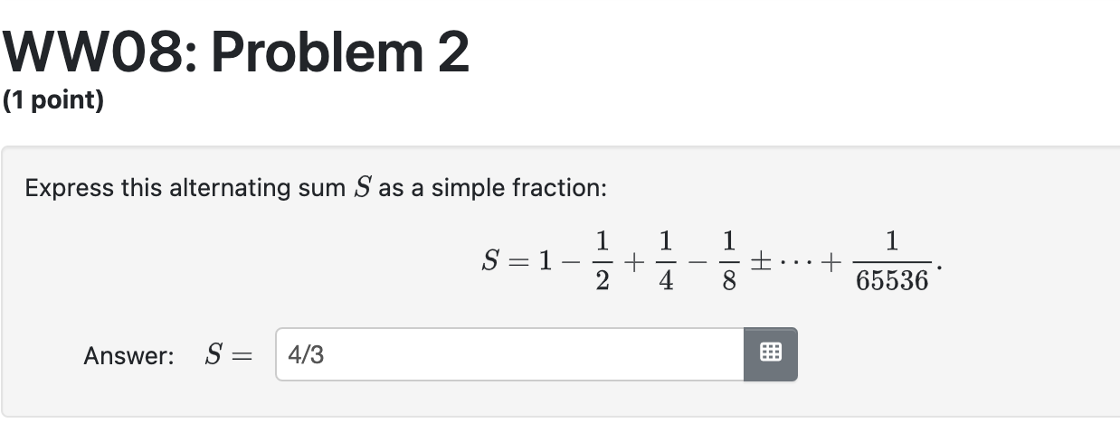Solved Express this alternating sum S as a simple fraction: | Chegg.com