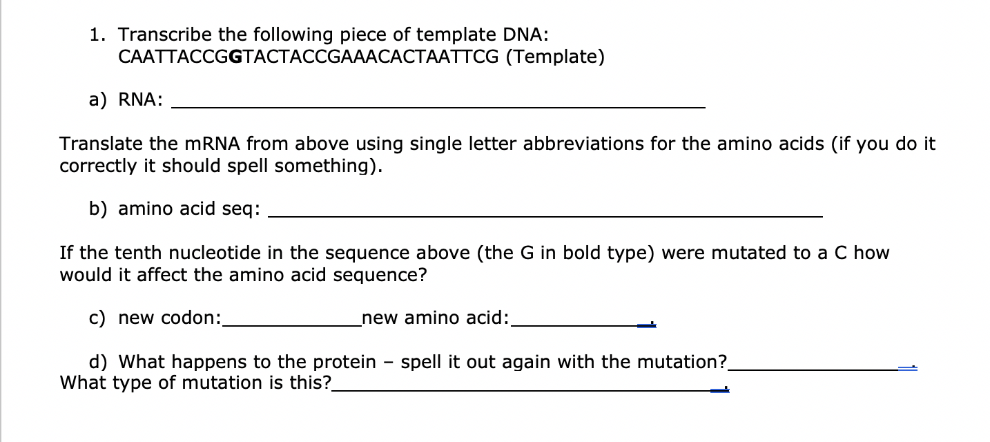 Solved 1. Transcribe the following piece of template DNA: | Chegg.com