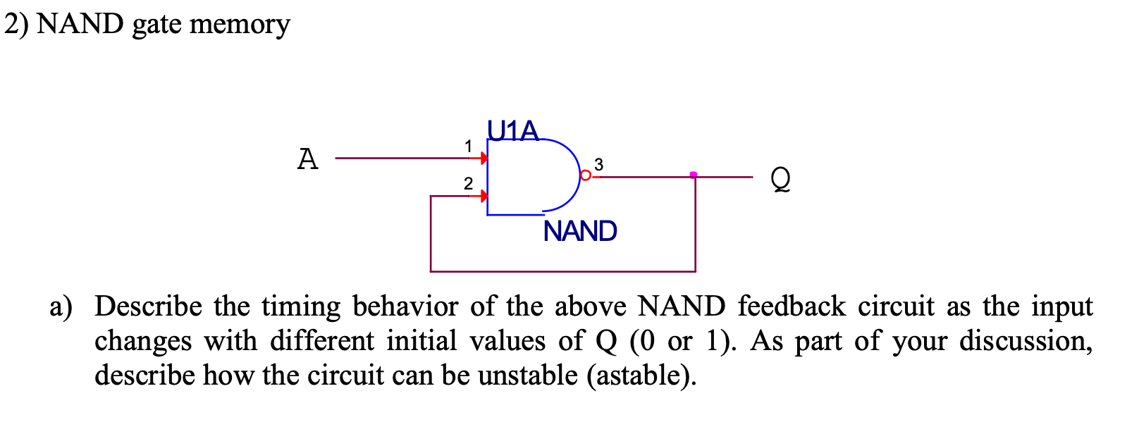 Solved 2) NAND gate memory U1A 1 A 3 2 O NAND a) Describe | Chegg.com