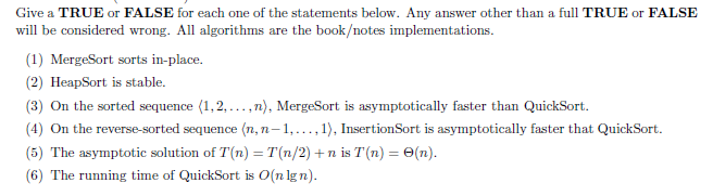 Solved Give a TRUE or FALSE for each one of the statements | Chegg.com