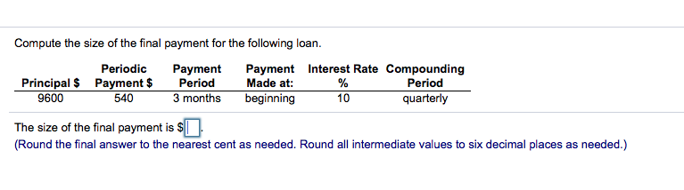 Solved Compute the size of the final payment for the | Chegg.com