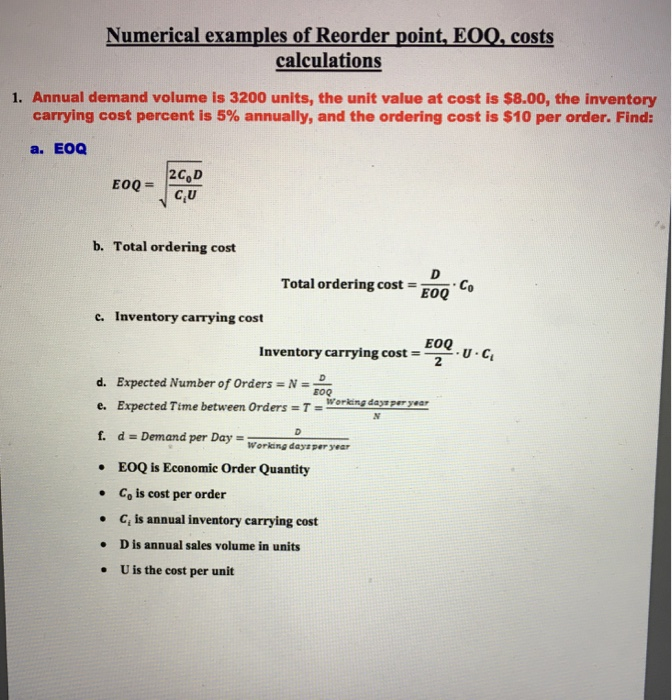 Solved Numerical examples of Reorder point, EOQ, costs | Chegg.com