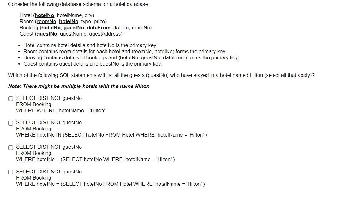 Solved Consider the following database schema for a hotel | Chegg.com Solved Consider the following database schema for a hotel | Chegg.com