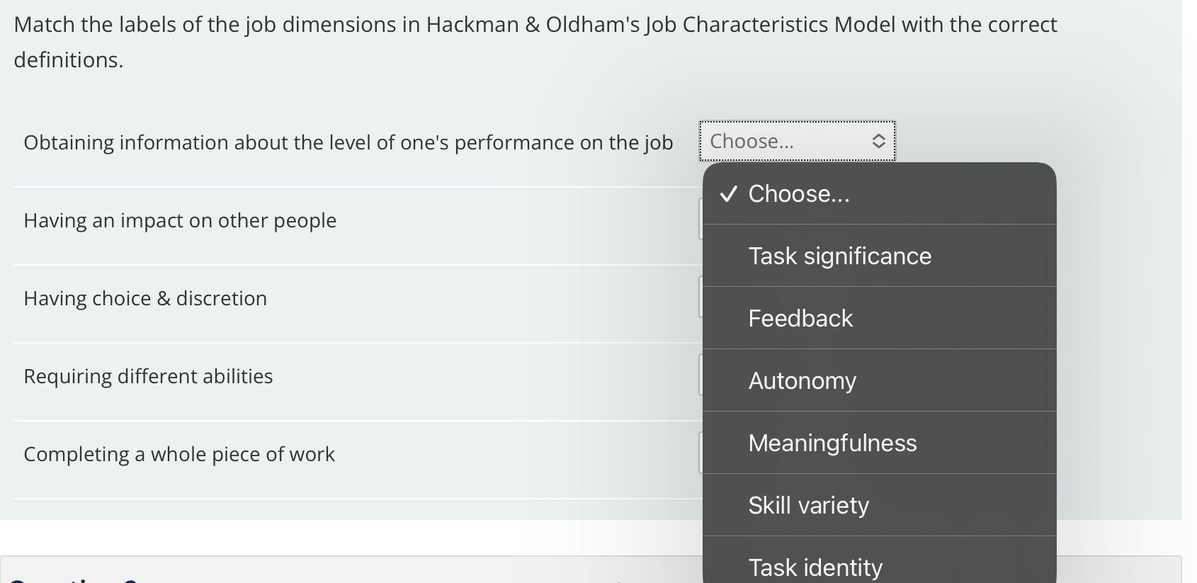 Solved Match the labels of the job dimensions in Hackman \& | Chegg.com
