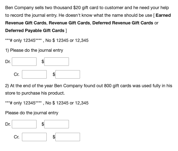Solved Ben Company sells two thousand $20 gift card to | Chegg.com