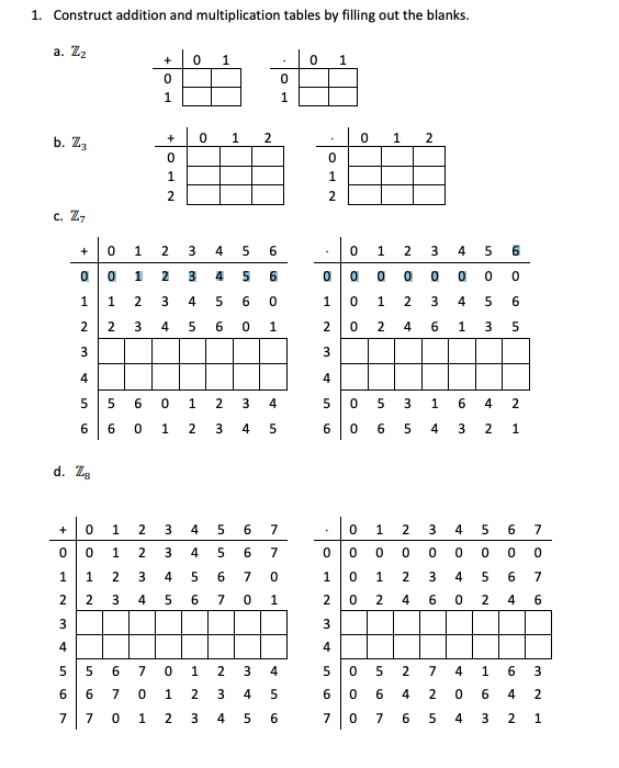 Solved 1. Construct addition and multiplication tables by | Chegg.com