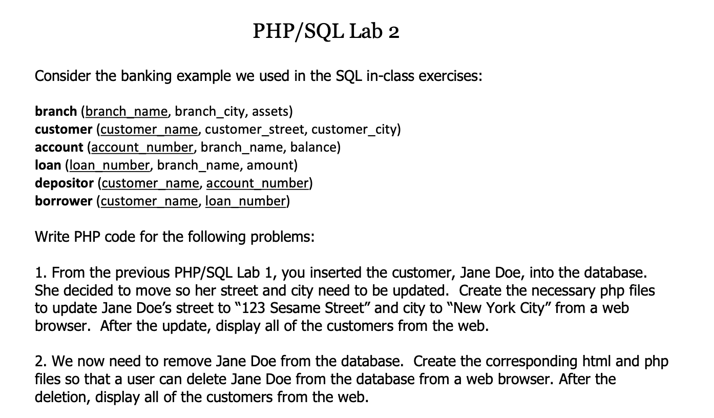 Solved by an EXPERT PHP/SQL Lab 2Consider the banking example we used in | Chegg.com