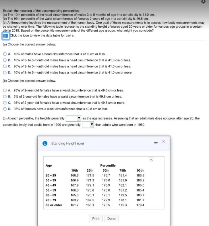 Solved Explain the meaning of the accompanying percentiles. | Chegg.com