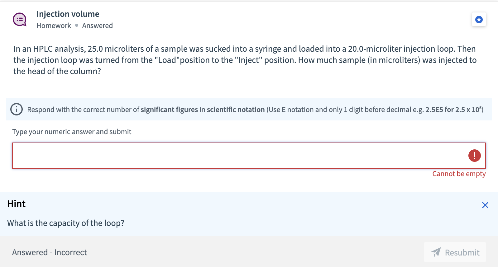 Solved := Injection volume Homework • Answered In an HPLC | Chegg.com