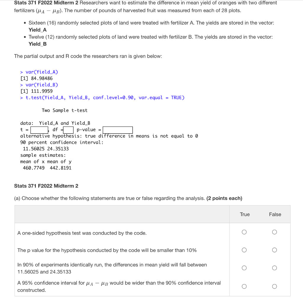 Solved Stats 371 F2022 Midterm 2 Researchers want to | Chegg.com
