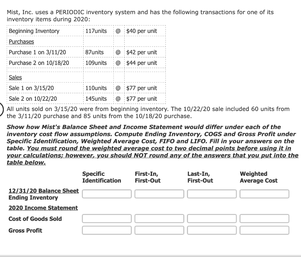 Solved Mist, Inc. uses a PERIODIC inventory system and has | Chegg.com