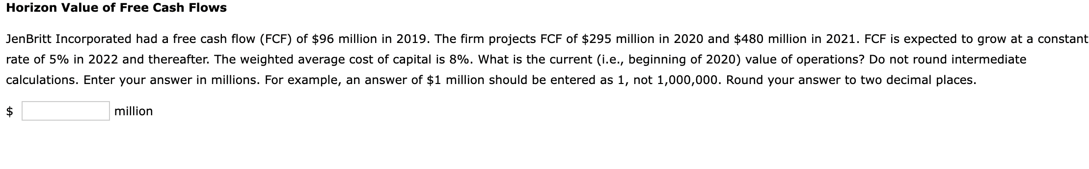 Solved Horizon Value of Free Cash Flows JenBritt | Chegg.com