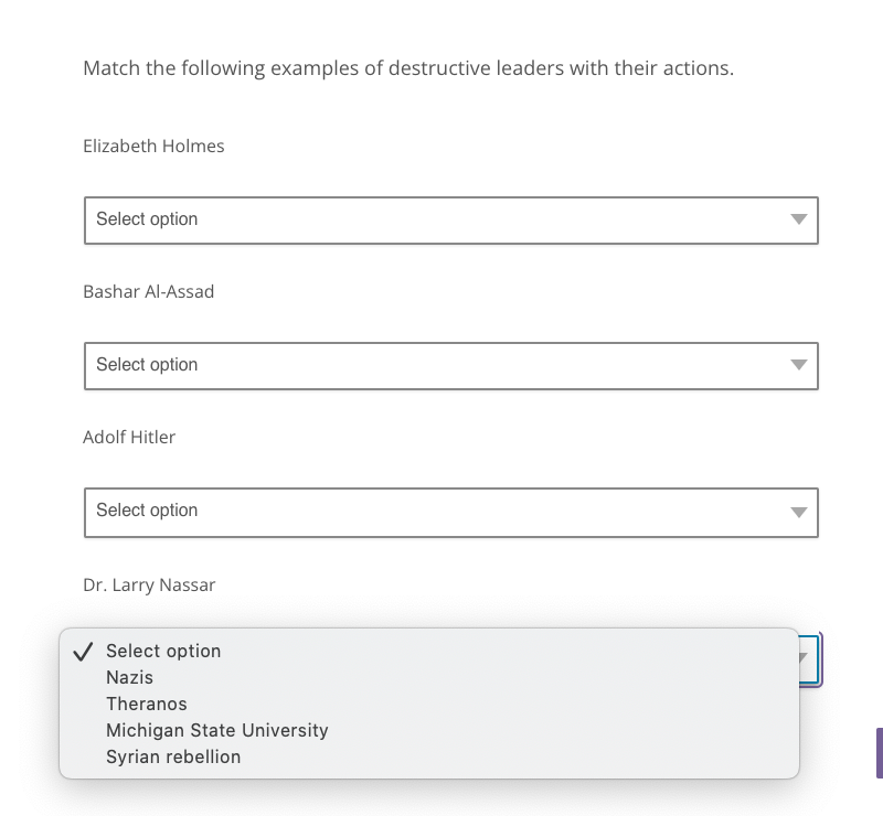 Solved Match the following examples of destructive leaders | Chegg.com