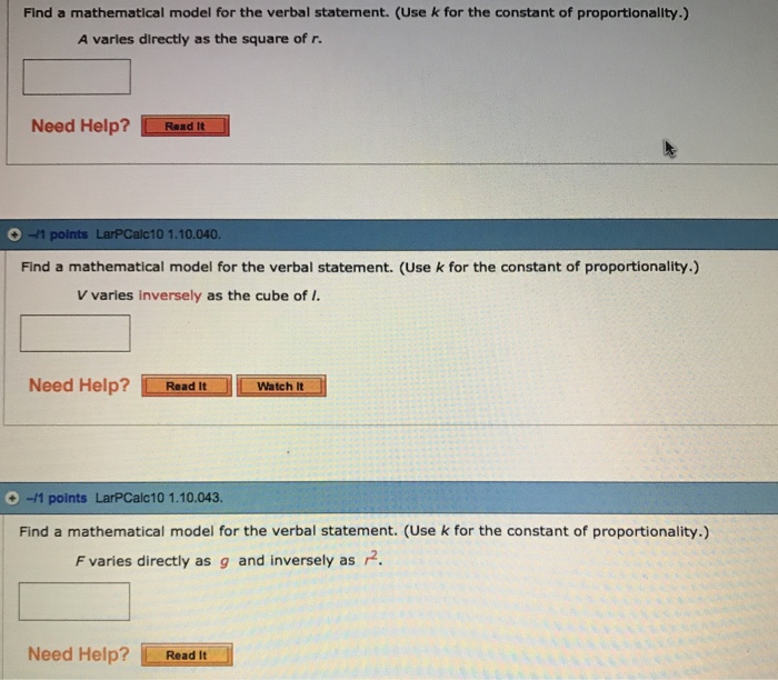 Solved Find a mathematical model for the verbal statement. | Chegg.com