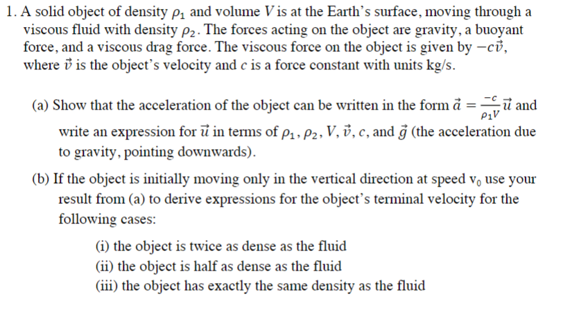 Solved 1. A solid object of density \\( \\rho_{1} \\) and | Chegg.com