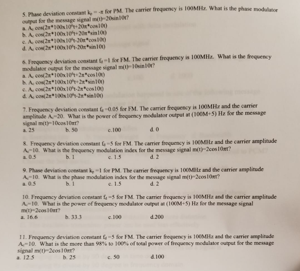 Solved 5. Phase deviation constant ko t for PM. The carrier | Chegg.com
