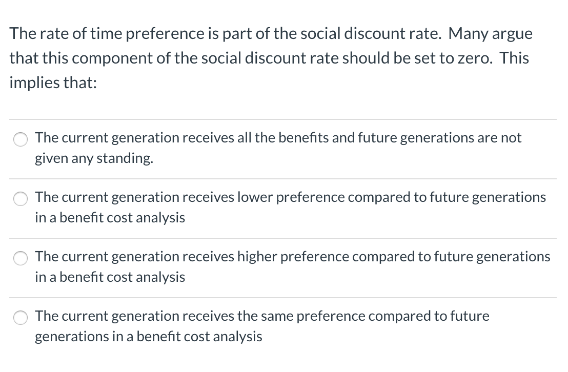 Solved The rate of time preference is part of the social | Chegg.com