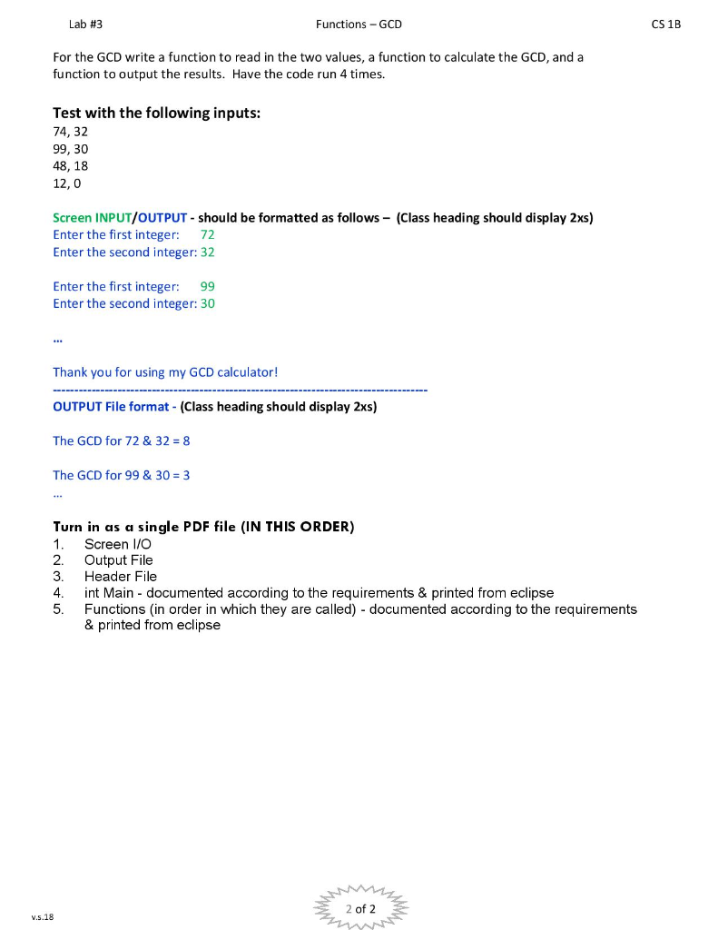 Solved Lab #3 Functions - GCD CS 1B 50 pts Name 1: Name 2 | Chegg.com