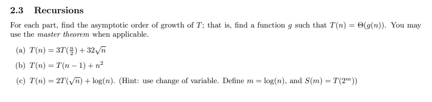 Solved For Each Part Find The Asymptotic Order Of Growth Of