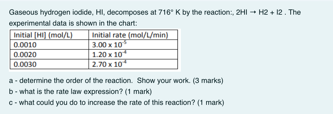 Solved Gaseous hydrogen iodide, HI, decomposes at 716∘K by | Chegg.com