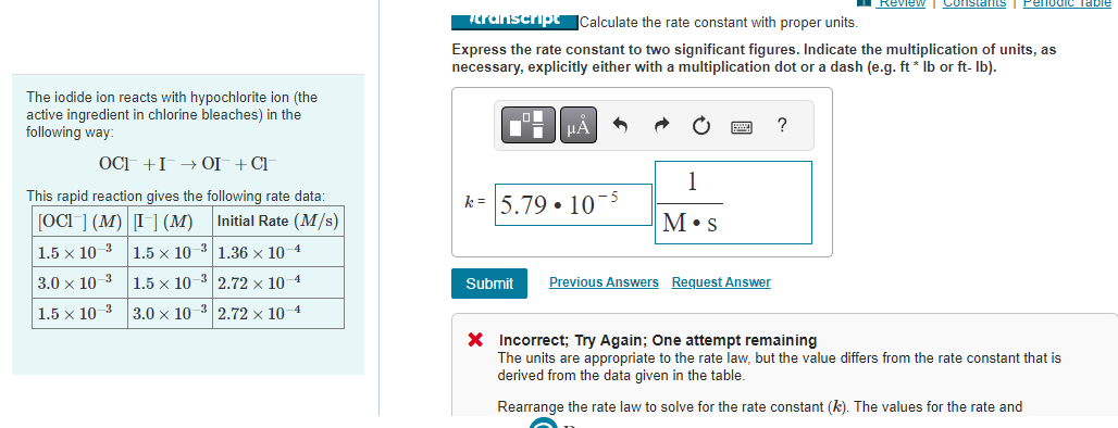 Solved Calculate The Rate Constant With Proper Units