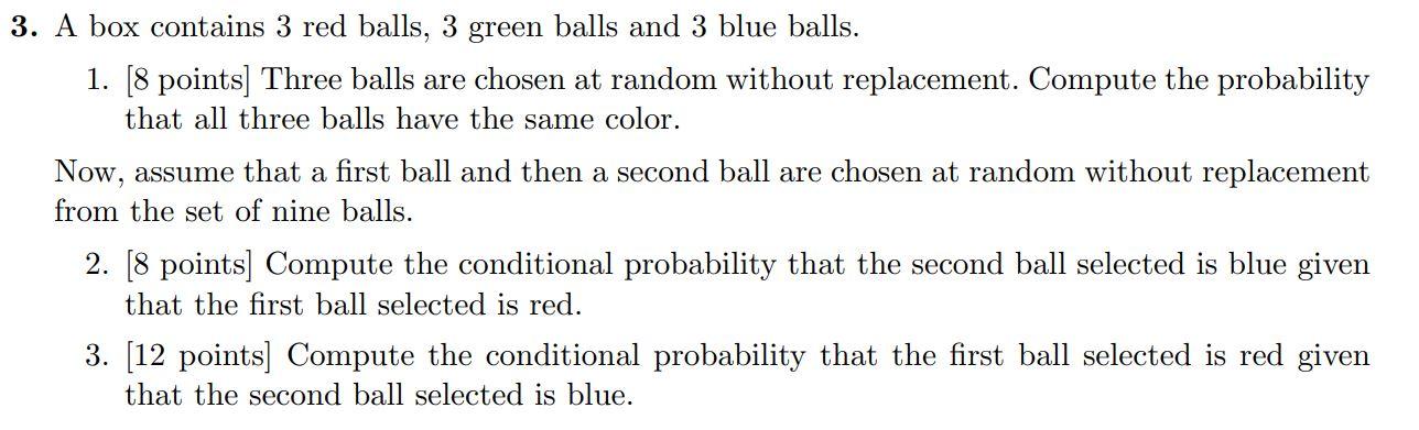 Solved 3. A box contains 3 red balls, 3 green balls and 3 | Chegg.com