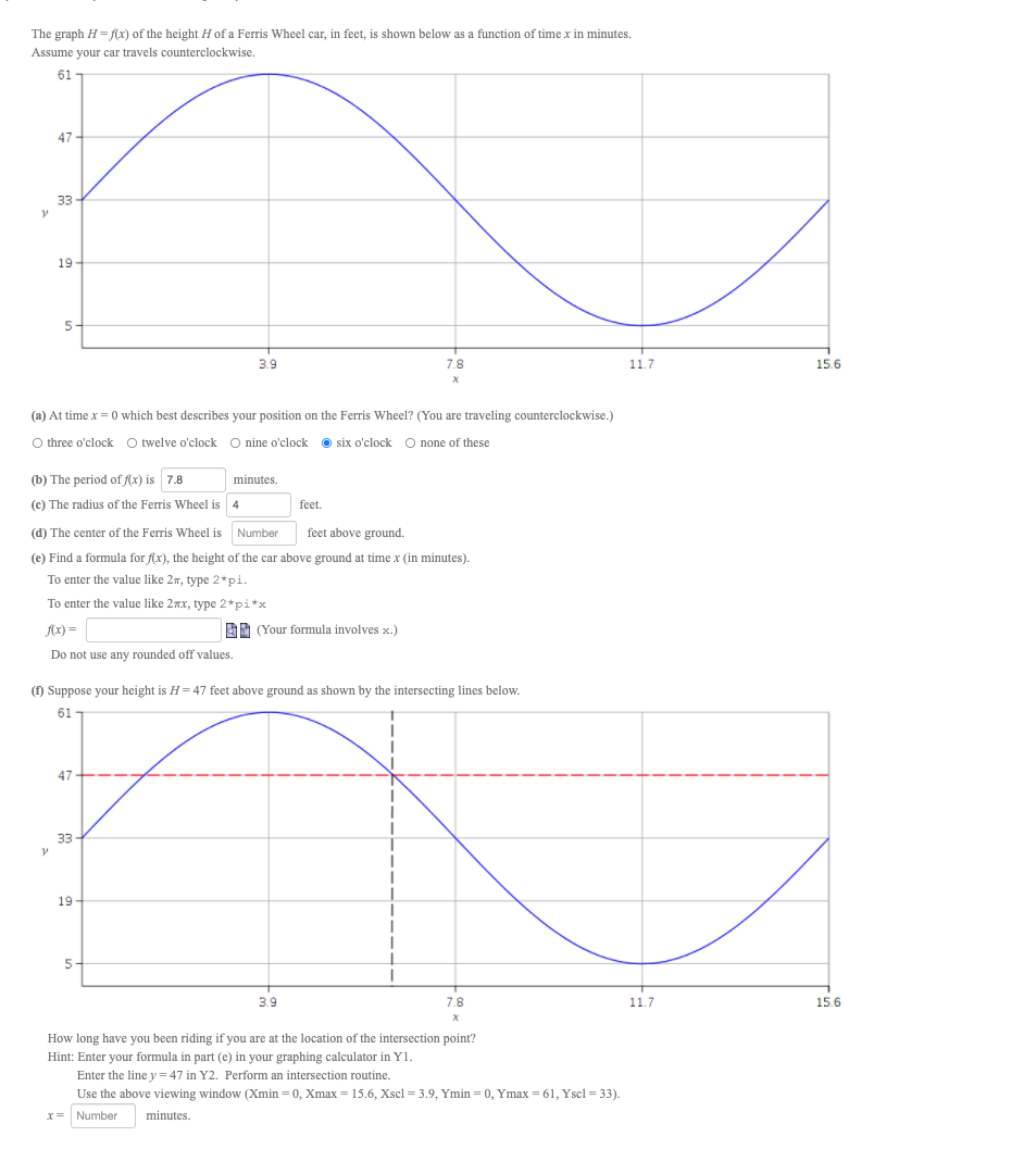 Solved The graph H = f(x) of the height H of a Ferris Wheel | Chegg.com