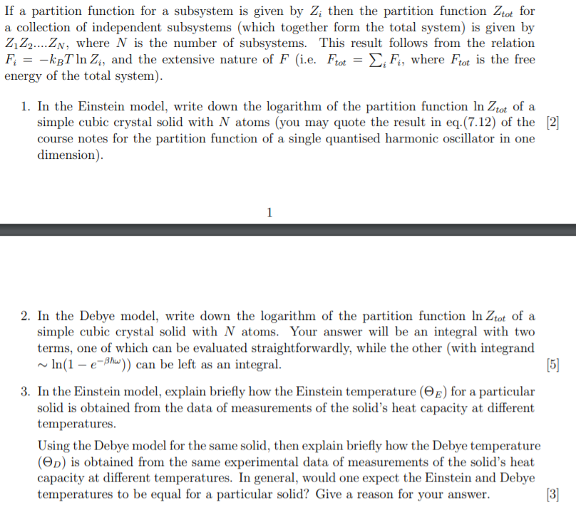 Solved If a partition function for a subsystem is given by | Chegg.com