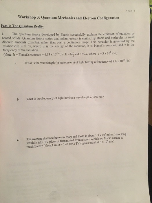 Solved Workshop 3: Quantum Mechanics and Electron | Chegg.com