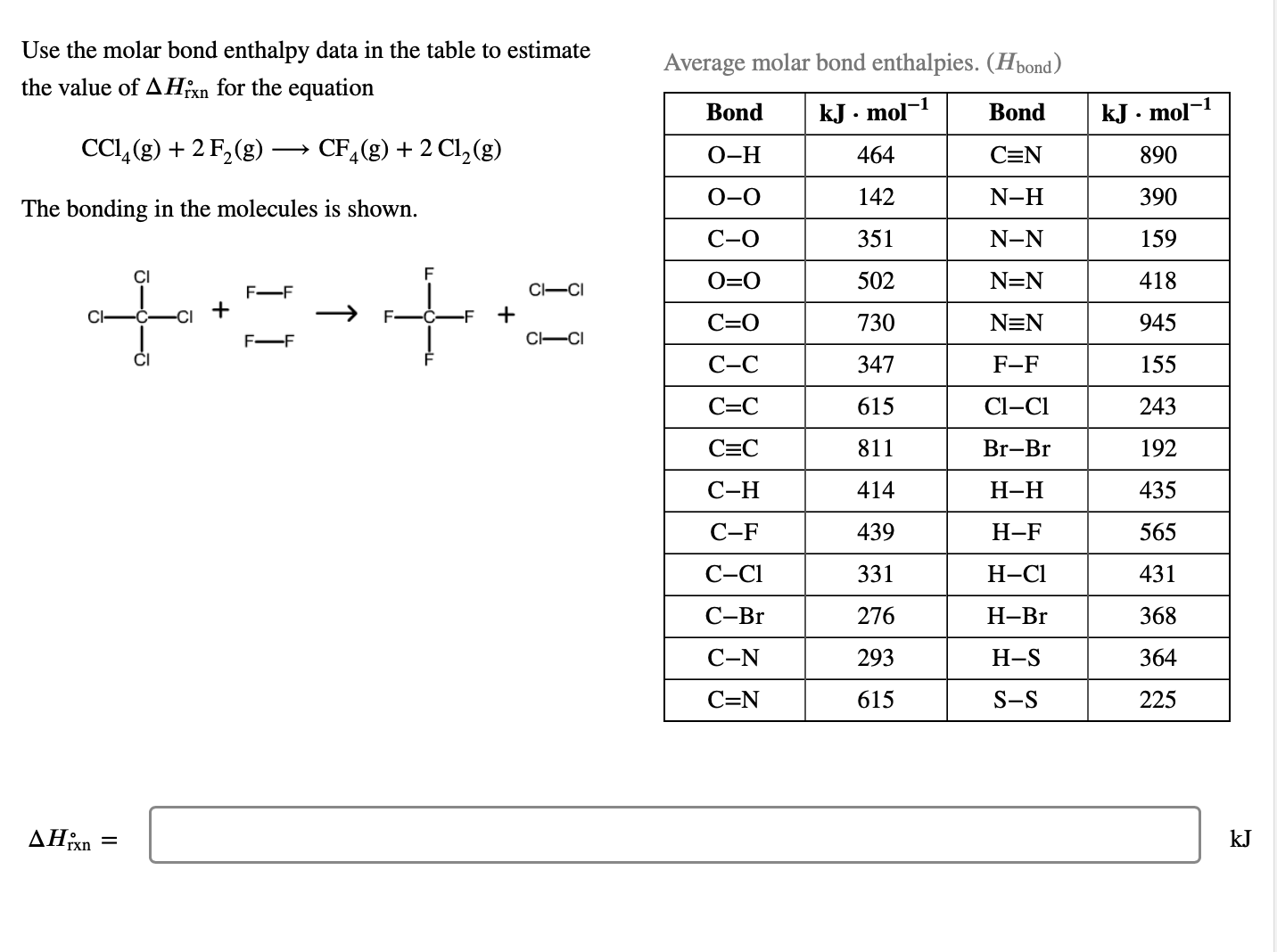 Solved Use the molar bond enthalpy data in the table to | Chegg.com
