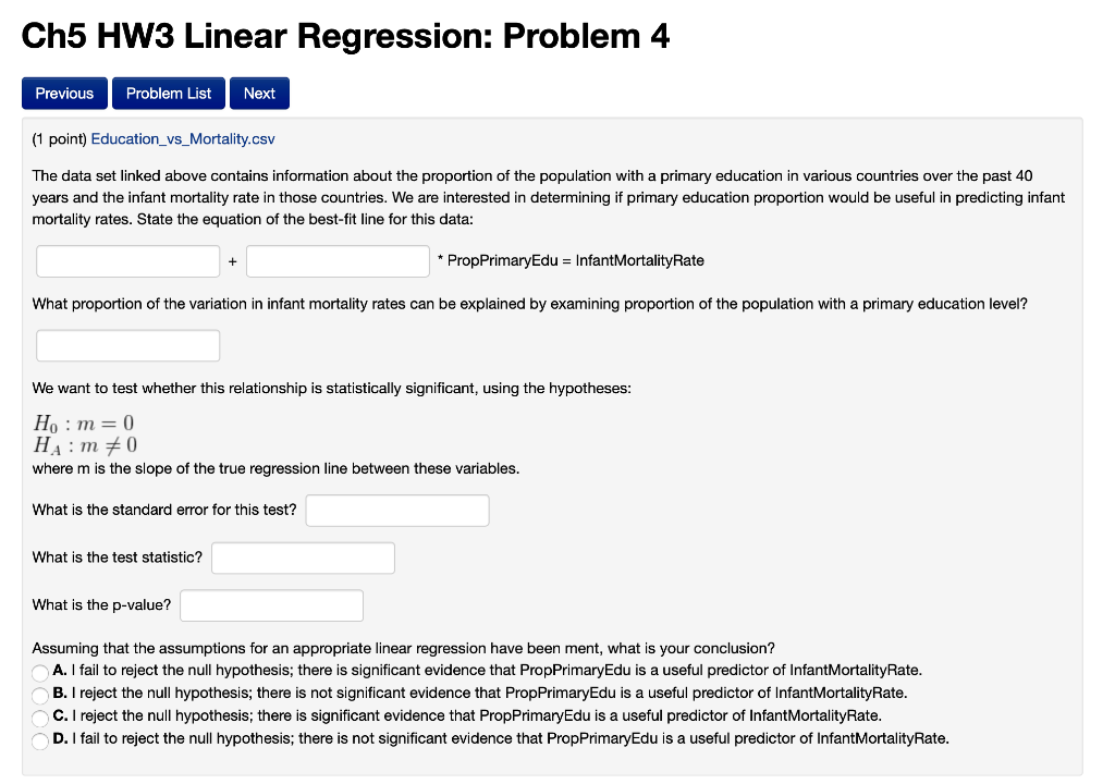 Solved Ch5 HW3 Linear Regression: Problem 4 Previous Problem | Chegg.com