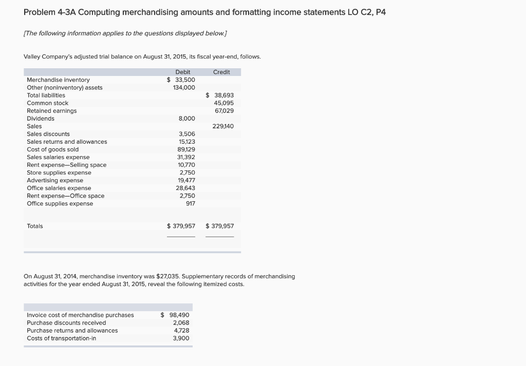 Solved Problem 4-3A Computing merchandising amounts and | Chegg.com