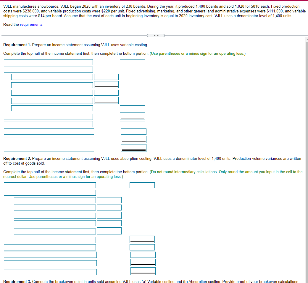 Solved VJLL manufactures snowboards. VJLL began 2020 with an | Chegg.com