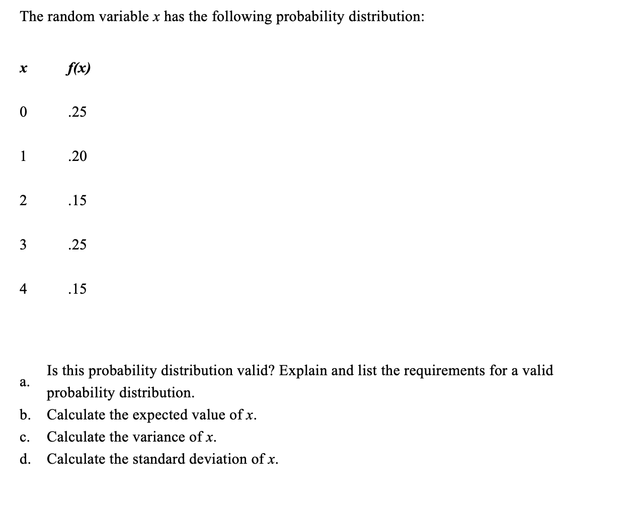 Solved The random variable x has the following probability | Chegg.com