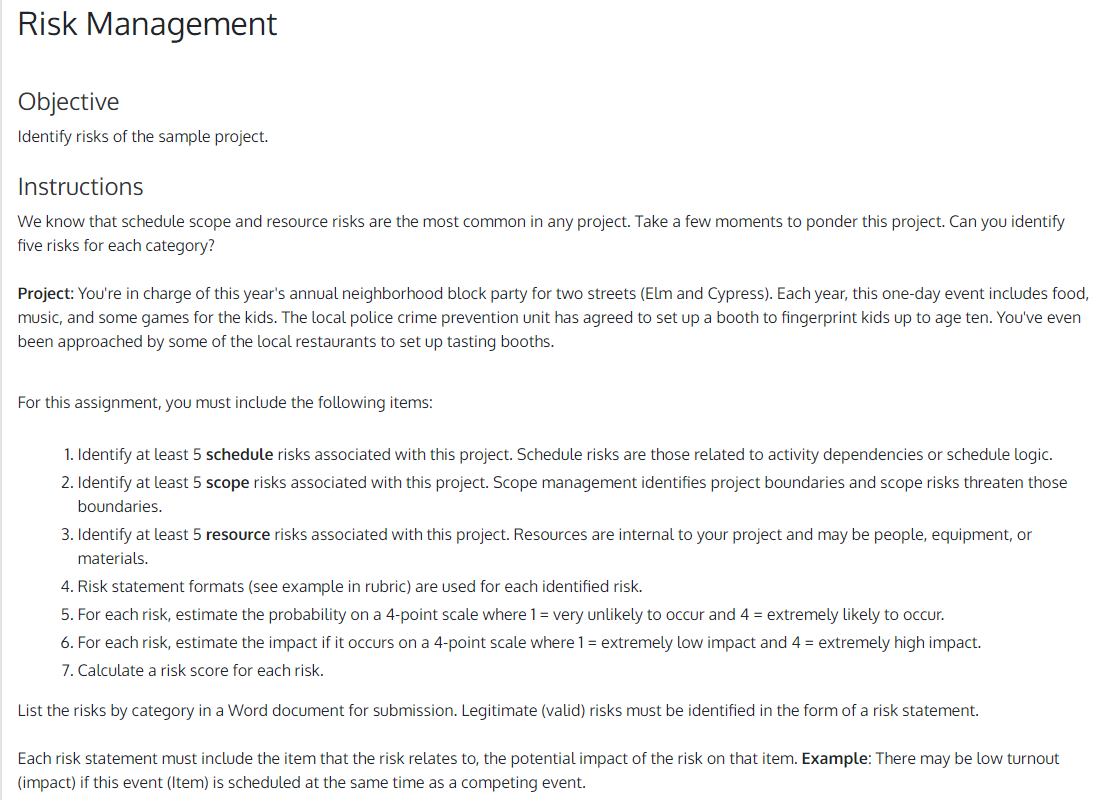 Solved Objective Identify risks of the sample project. | Chegg.com