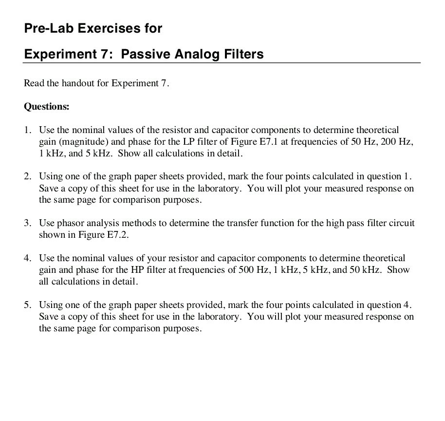 Solved Pre-Lab Exercises for Experiment 7: Passive Analog | Chegg.com