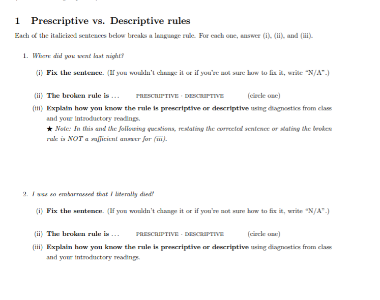 Prescriptive vs. Descriptive rules Each of the | Chegg.com
