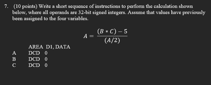 Solved 7. (10 points) Write a short sequence of instructions | Chegg.com