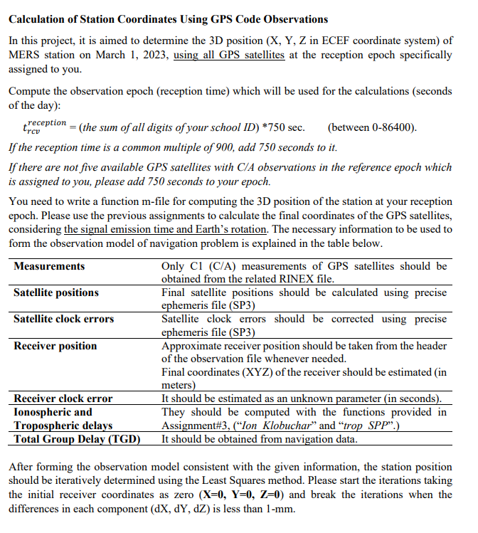 Solved Calculation of Station Coordinates Using GPS Code | Chegg.com