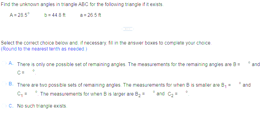 Solved Find the unknown angles in triangle ABC for the | Chegg.com