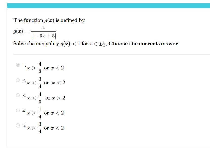 Solved The function g(x) is defined by g(x)=∣−3x+5∣1 Solve | Chegg.com